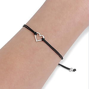 Claudia Lira Joyas Black Womens Friendship Bracelet, Small Handmade Sterling Silver 925 Open Heart Shaped Charm, Pull Adjustable Kindred Cord Thread. Handmade Heart Gift Set