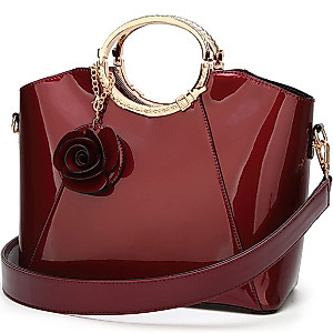 XingChen Glossy Faux Patent Leather Shoulder Handbag Women Evening Party Satchel Flower Pendant Top Handle Tote Purses Wine