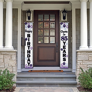 LASKYER Happy 85th Birthday Purple Door Banner - Cheers to 85 Years Old Birthday Front Door Porch Sign Backdrop,85th Birthday Party Decorations.