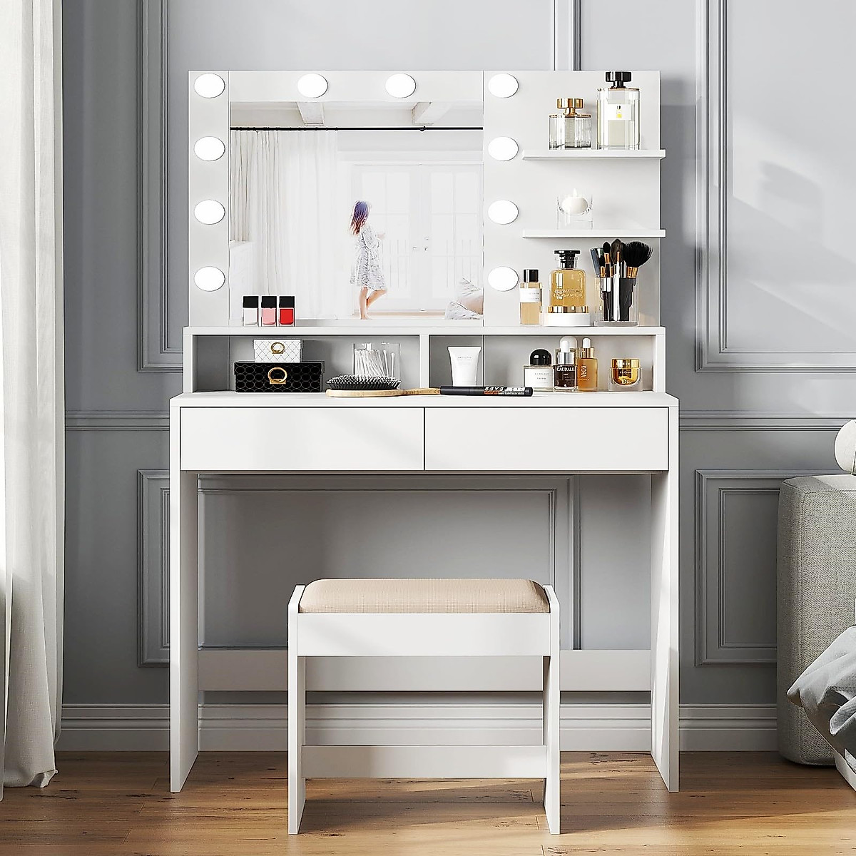 Reettic Vanity Table with Lighted Mirror and Shelf, Makeup Vanity Desk with Drawers, Bedroom Dressing Table,10 Light Blubs & Adjustable Brightness, White RSZT103W