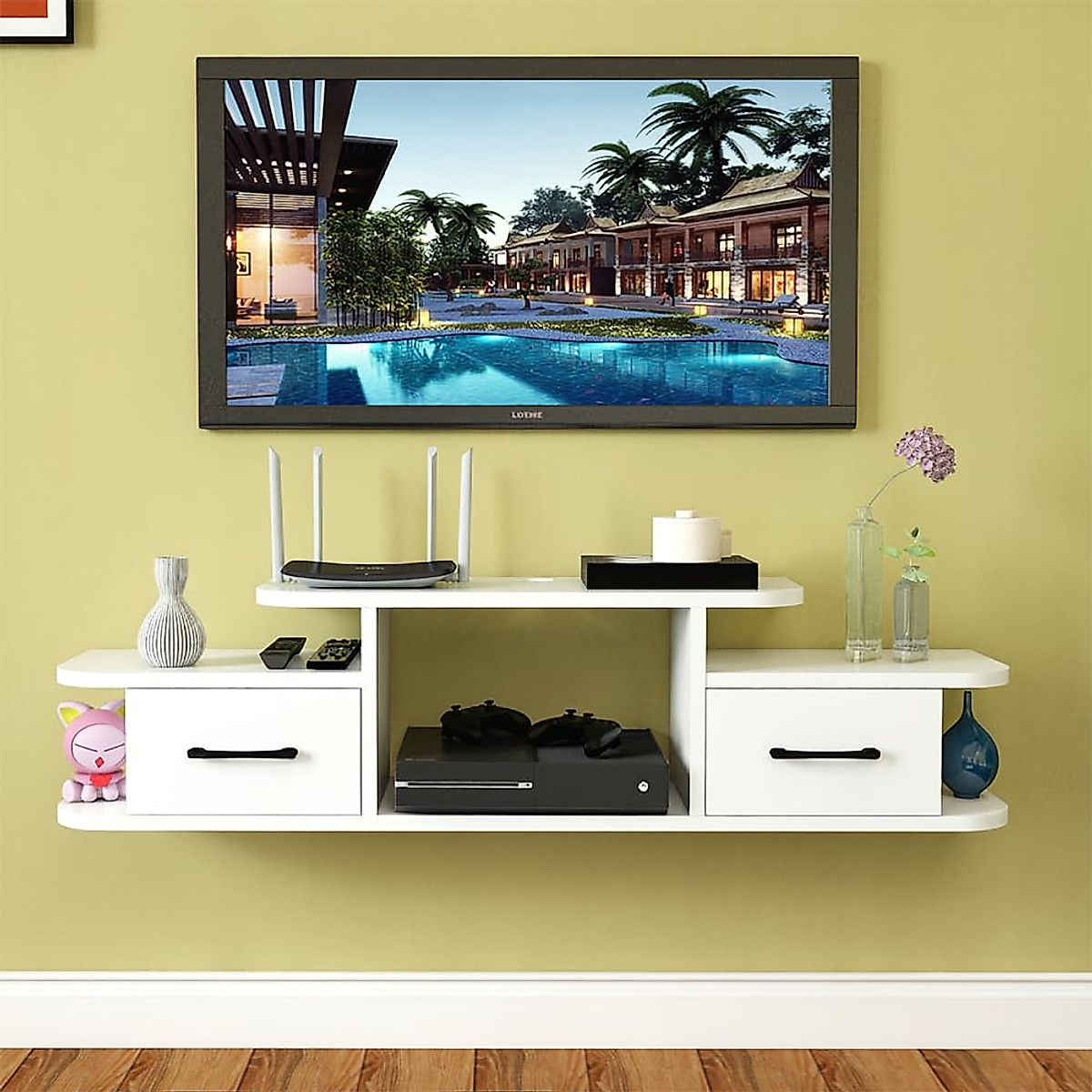 BiJun Floating TV Shelf, Floating TV Stand Wall Mounted Entertainment Center Media Console Router DVD Shelf for One/PS4/Cable Box/DVD Players/Game Console Streaming Media Equipment