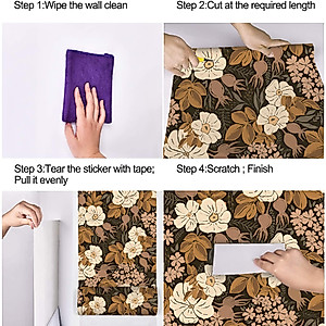 UniGoos Beige Flowers Peel and Stick Wallpaper Brown Leaves Temporary Wall Paper Roll Modern Self Adhesive Contact Paper for Cabinet Kids Room DIY Decor 17.7" x 118.1"