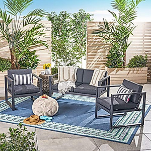 Christopher Knight Home Navan Outdoor 4-Seater Aluminum Chat Set, Silver / Dark Grey Cushions