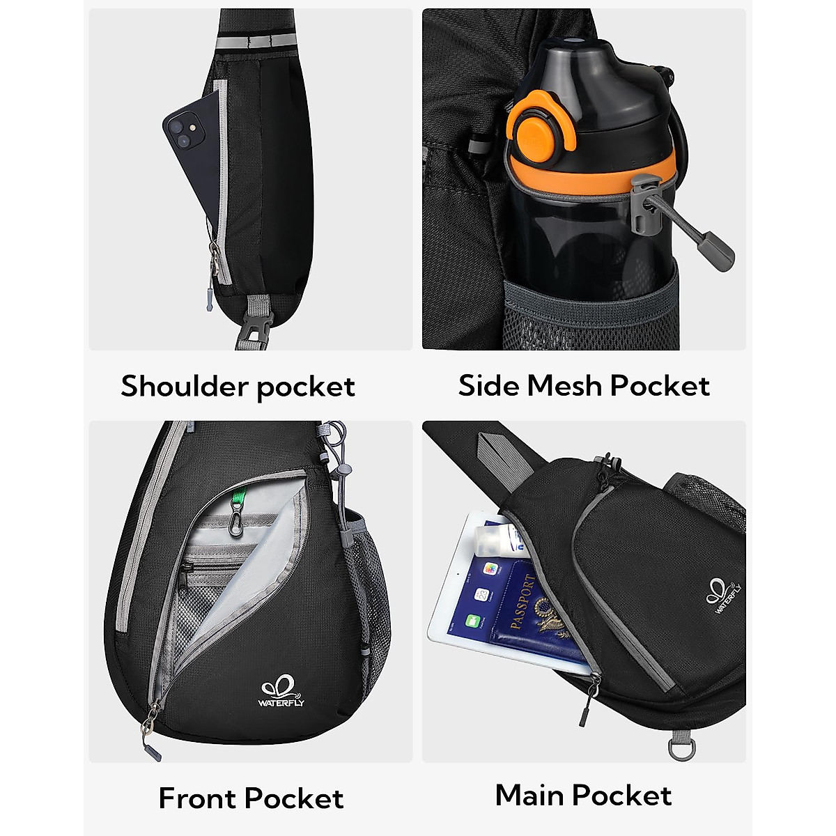 WATERFLY Crossbody Sling Bag Small Water Resistant Backpack Lightweight Shoulder Chest Daypack for Men Women Hiking Travel