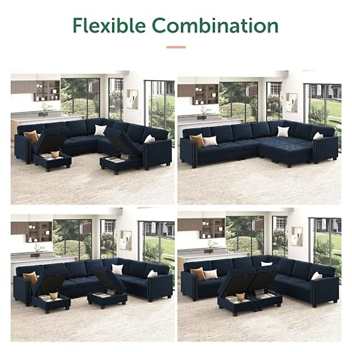 HONBAY Velvet Convertible Sectional Sofa with Storage Ottoman Oversized U Shaped Couch with Reversible Chaise Corner Sectional Sofa, Dark Blue