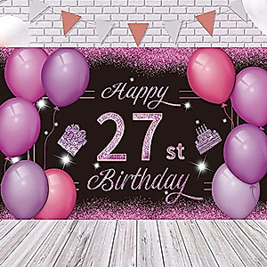 Happy 27st Birthday Backdrop Banner Pink Purple 27th Sign Poster 27 Birthday Party Supplies for Anniversary Photo Booth Photography Background Birthday Party Decorations, 72.8 x 43.3 Inch