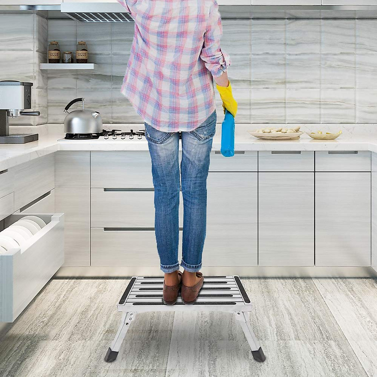 LUISLADDERS Aluminum Working Platform Step Stool Ladder RV Step Supports Up to 500lbs, Anti-Slip Surface & Rubber Feet Camper Step for Motor-Home,Trail, SUV