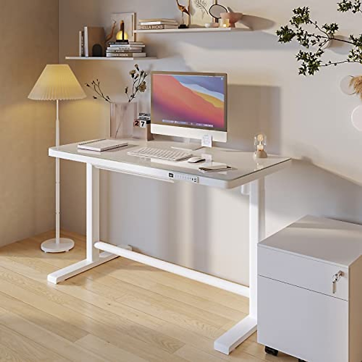 AITERMINAL Glass Standing Desk with Drawer, Electric Height Adjustable Home Office Desk with Storage & USB Ports, 45 x 23 Inch Tempered Glass Tabletop (White)