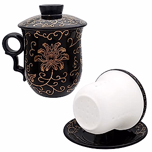 Tea Talent Porcelain Tea Cup with Infuser Lid and Saucer Sets - Chinese Jingdezhen Ceramics Coffee Mug Teacup Loose Leaf Tea Brewing System for Home Office