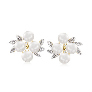 Ross-Simons 5.5-6mm Cultured Pearl Cluster Earrings With Diamond Accents in 14kt Yellow Gold