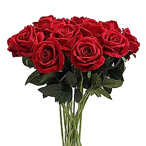 Amzali Artificial Flowers, Real Looking Blush Fake Rose Long Stem Silk Artificial Rose Flowers Home Decor for Bridal Wedding Bouquet, Centerpieces Birthday Flowers Party Garden Floral Arrangement Red