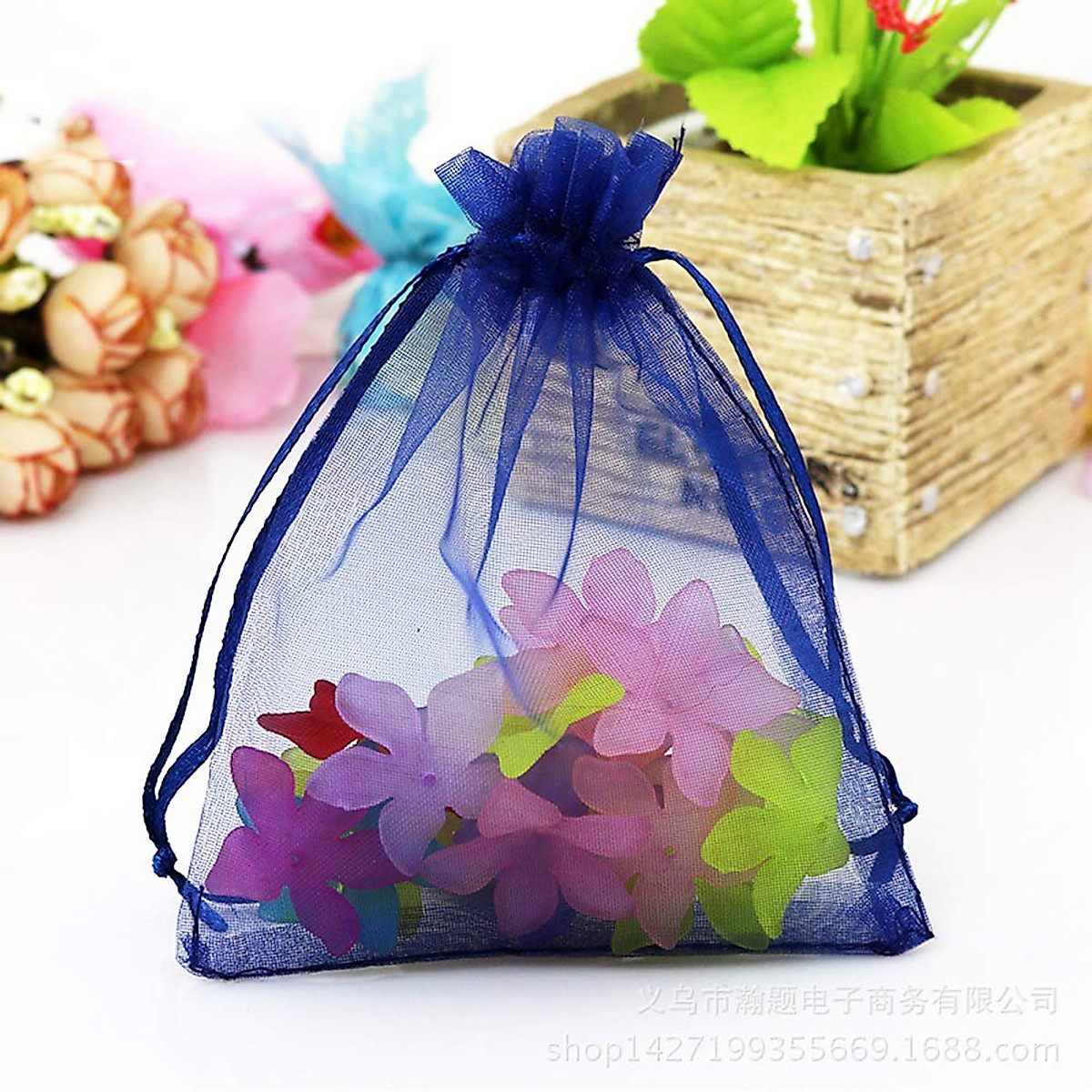 Stratalife 100PCS Organza Bags 4x6" Navy Blue Drawstring Jewelry Favor Pouches Bags for Baby Shower Party Wedding Favor Gift Bags Candy Sample Bags (Navy Blue)