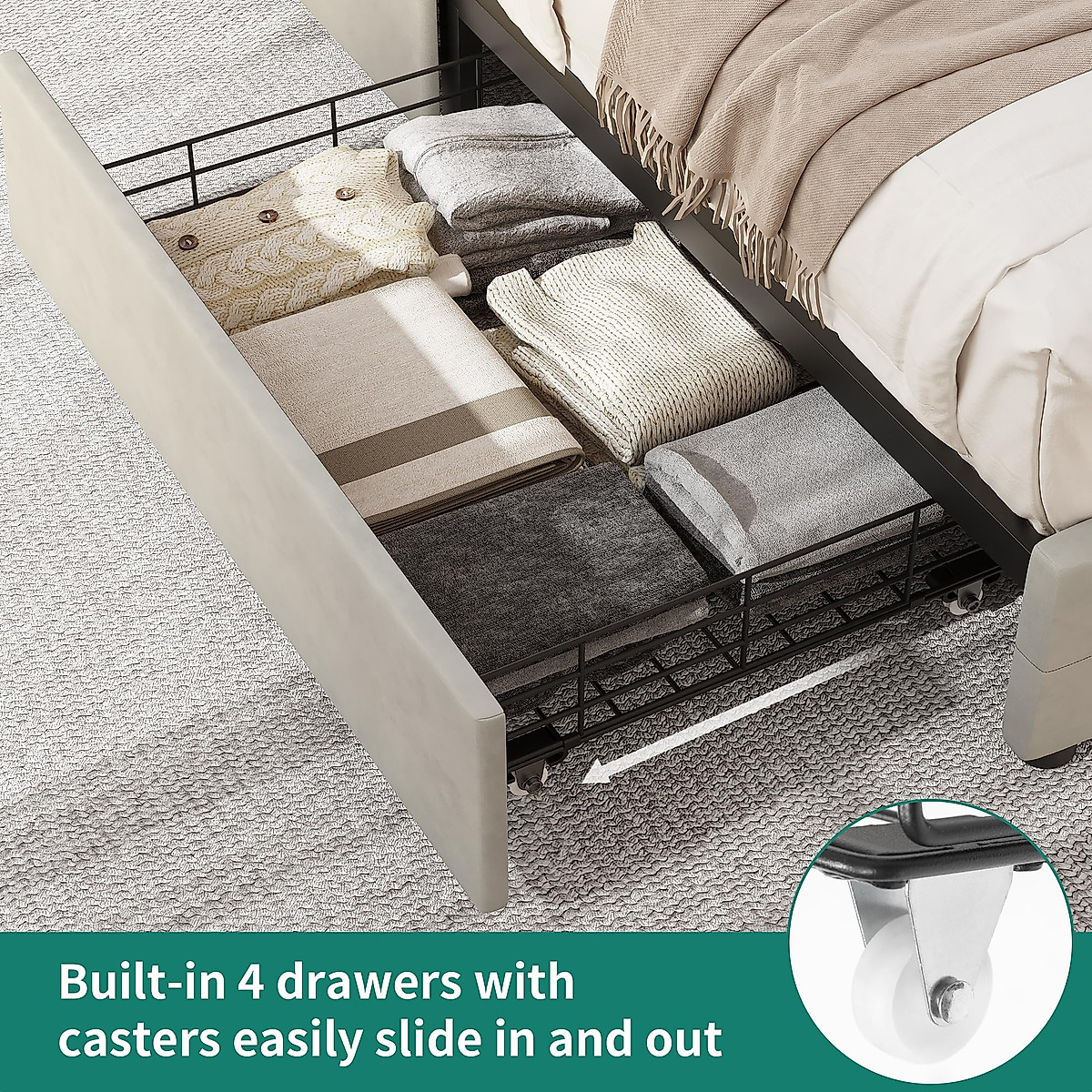 YITAHOME LED Bed Frame King-Size, Upholstered Platform Bed with Adjustable Headboard & LED Lighting, Storage Bed Frame with 4 Drawers, Wooden Slat Support, No Box Spring Required, Gray