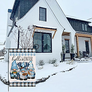 Gnome Garden Flag - Hello Winter Snowflake Garden Flags 12x18 Double Sided Christmas Yard Flag Buffalo Plaid Burlap Farmhouse Welcome Decorative Flags for Outside Outdoor Lawn Xmas Decoration