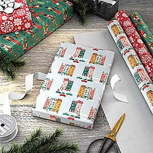 Hallmark Christmas Wrapping Paper with Cutlines on Reverse (3 Rolls: 120 Sq. Ft. Total) Winter City Scene, Rustic Snowflakes on Red, Nutcrackers with Foliage