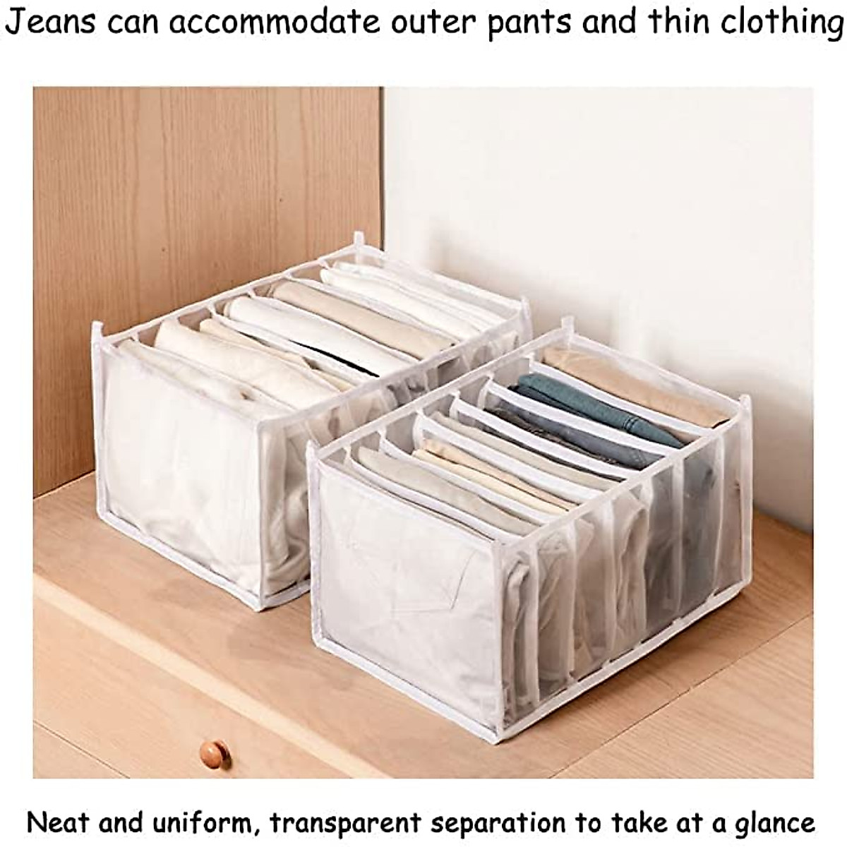 MSJJ 2PCS Wardrobe Clothes Organizer, 7 Grid Jeans + T-Shirt Compartment Storage Box, Foldable Portable Cupboard Drawers Organiser for T-Shirt, Jeans (White)