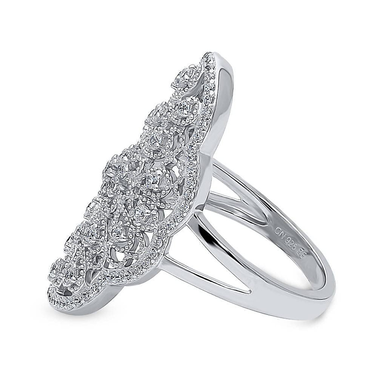 BERRICLE Sterling Silver Flower Cubic Zirconia CZ Statement Navette Cocktail Fashion Ring for Women, Rhodium Plated Size 8