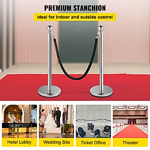 VEVOR Velvet Ropes and Posts 2 Pcs, 5 ft Black Velvet Rope, Stanchion Post with Ball Top, Crowd Control Barriers Silver Stanchions, Red Carpet Poles, Crowd Control Ropes and Poles for Party Supplies