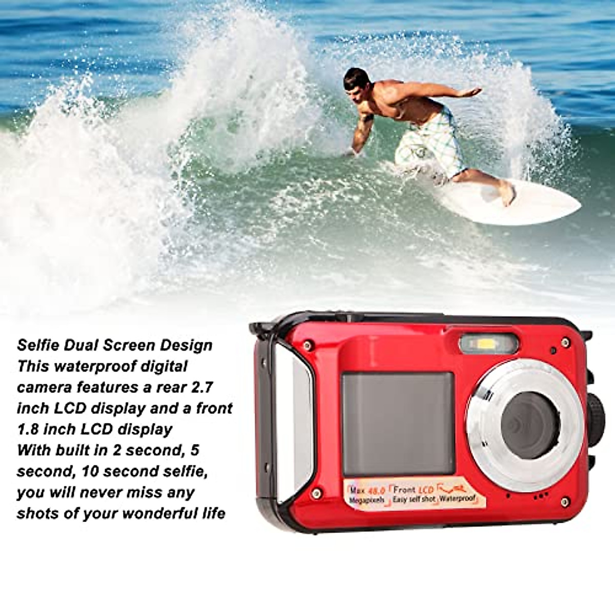 Waterproof Digital Camera, Full HD 2.7K 48MP 10ft Waterproof Underwater Digital Camera, 16X Digital Zoom Front Rear Double Screens Waterproof Digital Camera (Red)