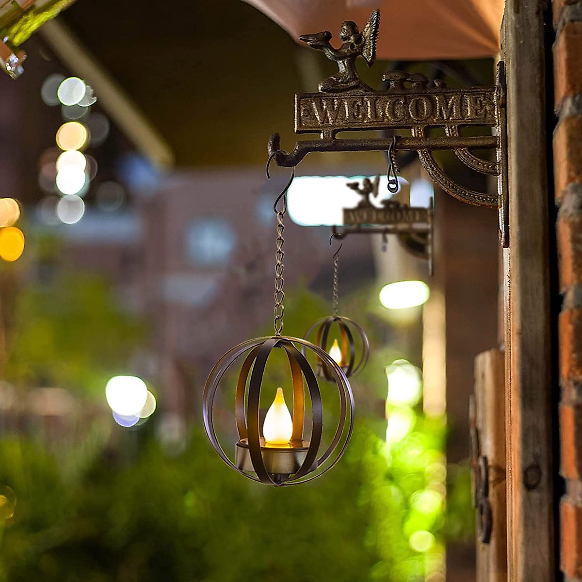 Hanging Solar Lights Outdoor - 2 Pack Small Metal Hanging Tree Lanterns with Retro Design for Patio, Yard, Pathway and Garden Candle Lanterns Retro Lights Decoration