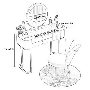 Qingluan Dressing Table Set with Drawers LED Lights Mirror and Makeup Chair, 3 Drawers Makeup Table Set with Cushioned Stool Vanity Table for Girls Bedroom,White,80cm/31.5in