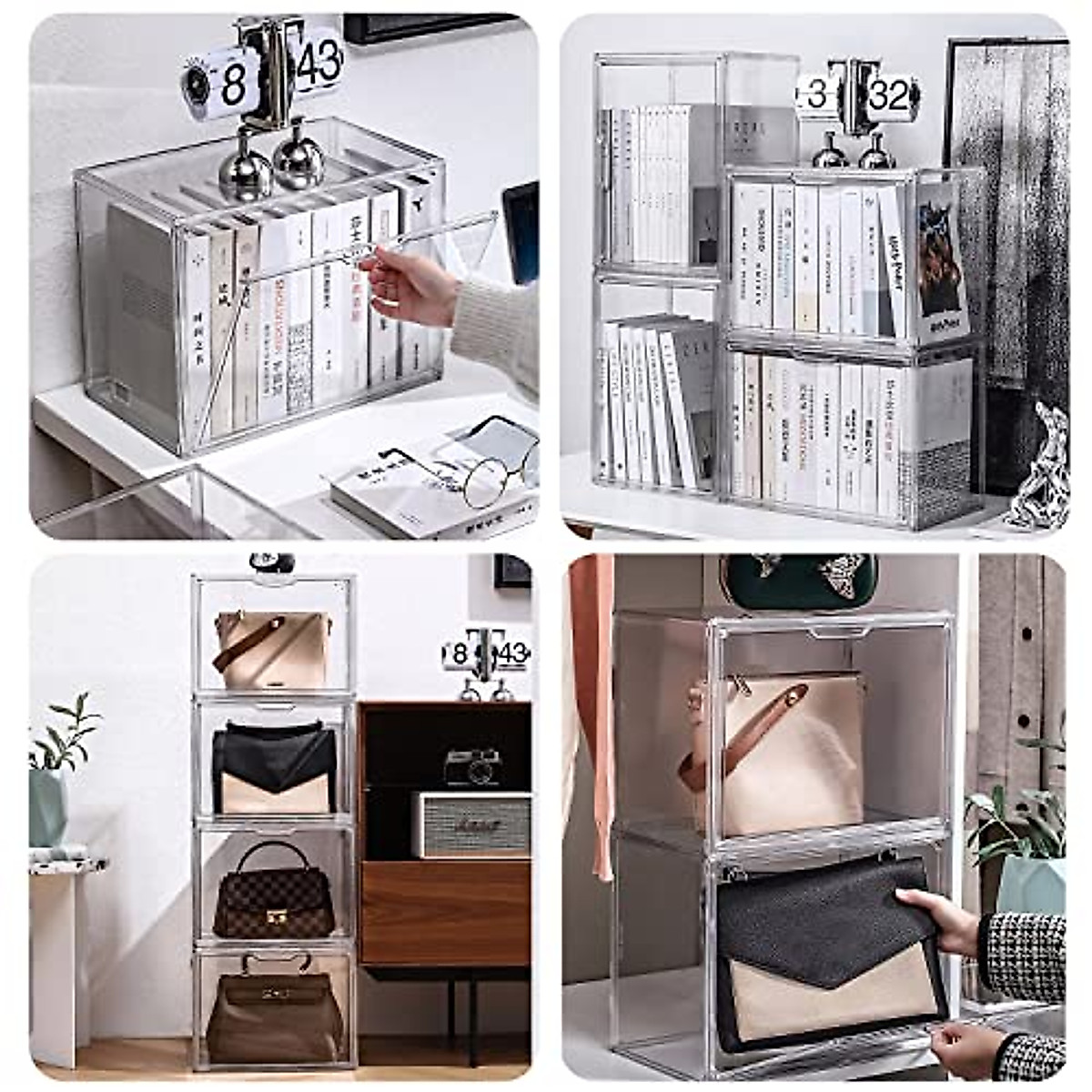 GUDEMAY Clear Stackable Plastic Storage Bins with Magnetic Attraction Lid, Dustproof Book & Cosmetic Display Cases, Large Figures Collectibles Showcase, Shoe Box, Protection Organizer (Transparent - 3 Pack)