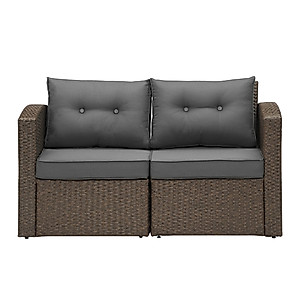 Outdoor Loveseat Patio Furniture Corner Sofa, All-Weather Brown Wicker 2-Piece Rattan Outdoor Sectional Couch Sofa Set with Dark Grey Non-Slip Cushions,Aluminum Frame