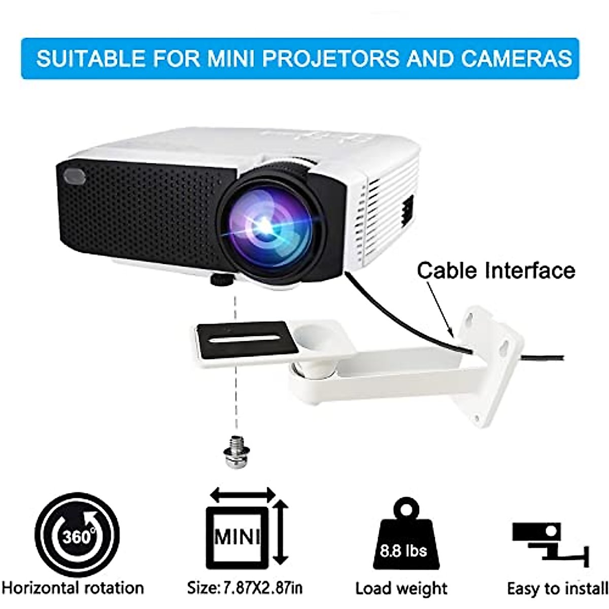 Mini Projector Wall Mount Angle Adjustable Projector Mount Load 8.8 lbs Length 7.9 in Rotation 360° Compatible with QKK, DR.J, DBPOWER, Anker, VANKYO, AAXA, Jinhoo, PVO, TMY, AuKing, Meer Projectors
