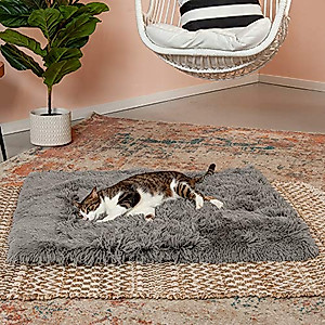 Furhaven Self-Warming Cat Bed for Indoor Cats, 4-Beds-in-1 & Washable - Plush Long Faux Fur Convertible Cuddler - Gray, Large, 35.5"L x 30.0"W x 0.5"Th