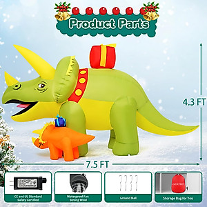 GOOSH 7.5 FT Length Christmas Inflatables Green Triceratops Dinosaur with Baby Dino, Blow Up Yard Decorations with Built-in LED Lights for Garden Lawn Outdoor Yard Xmas Winter Holiday