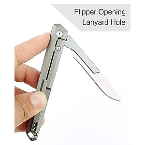 ainhue A42 Compact Slim Flipper Folding Pocket Scalpel Knife, 20pcs Replaceable Blades, 4.2 inches Slender Grey TC4 Titanium Handle Frame Lock Pocket Clip, Lanyard Hole for EDC Gentleman's Knife