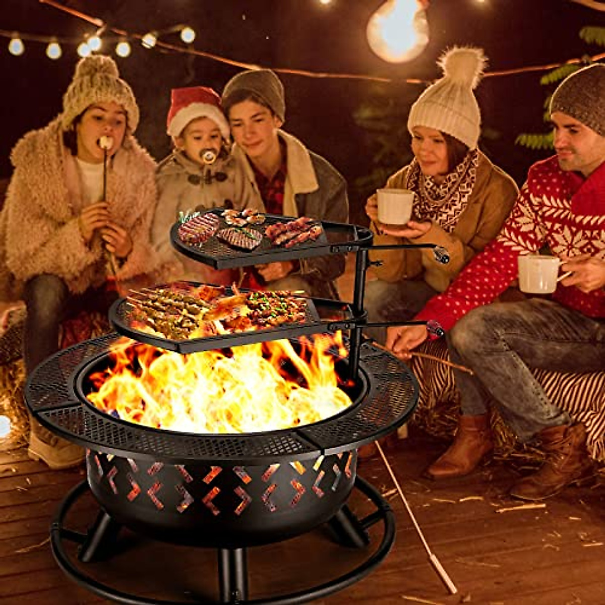 Cityflee 32 Inch Fire Pit for Outside with 2 Grills, Outdoor Wood Burning Firepit Large Steel Firepit for Patio Backyard Picnic Garden with Wood Grate & Poker