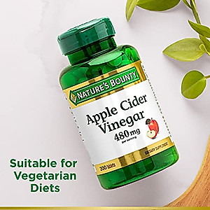 Nature’s Bounty Apple Cider Vinegar 480mg Pills, Vegetarian Supplement Plant Based, 200 Tablets