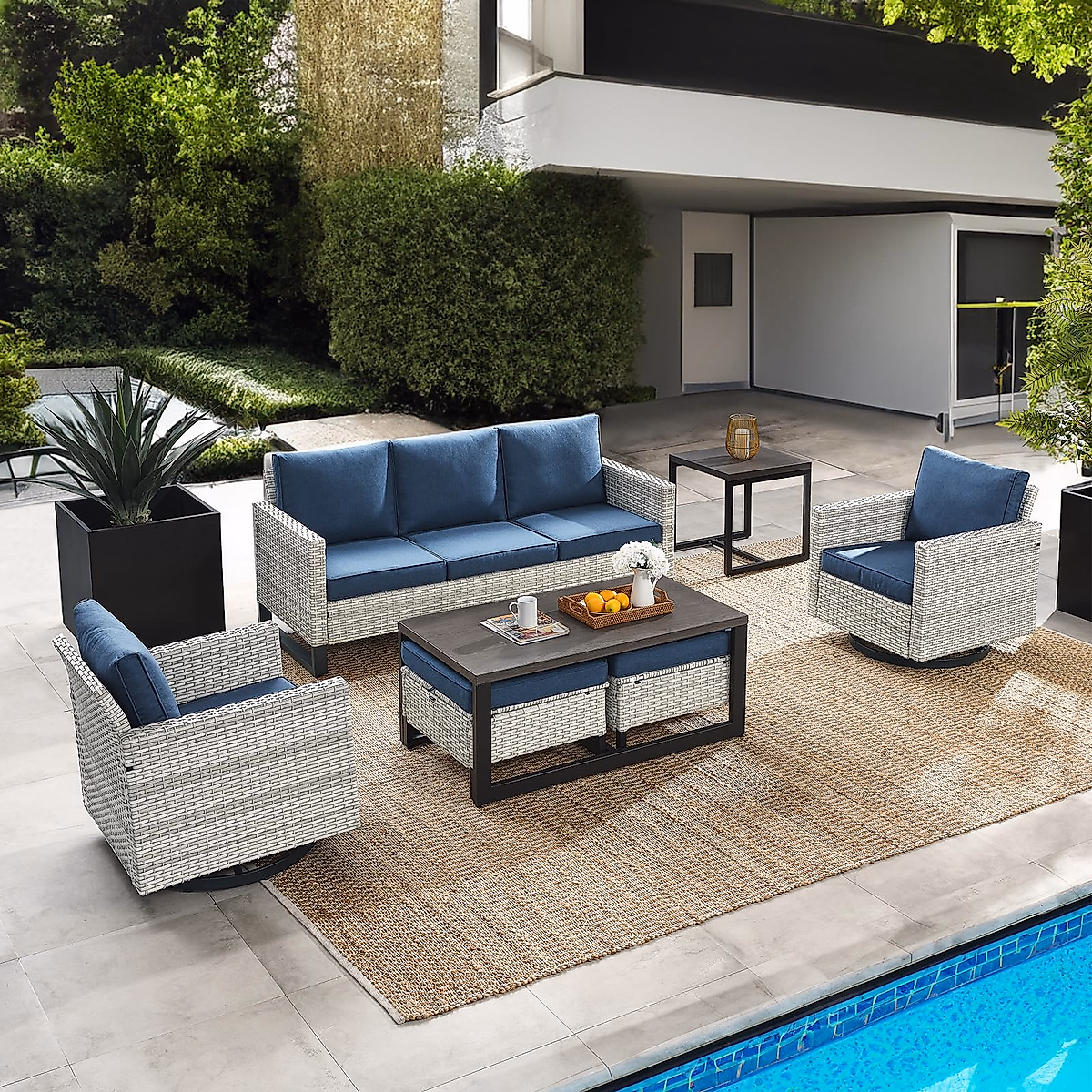 HUMMUH 7 Piece Patio Furniture Set Outdoor Sectional Sofa,High Back Patio Swivel Glider Chairs with Ottomans Coffee Table for Porch,Garden,Backyard…