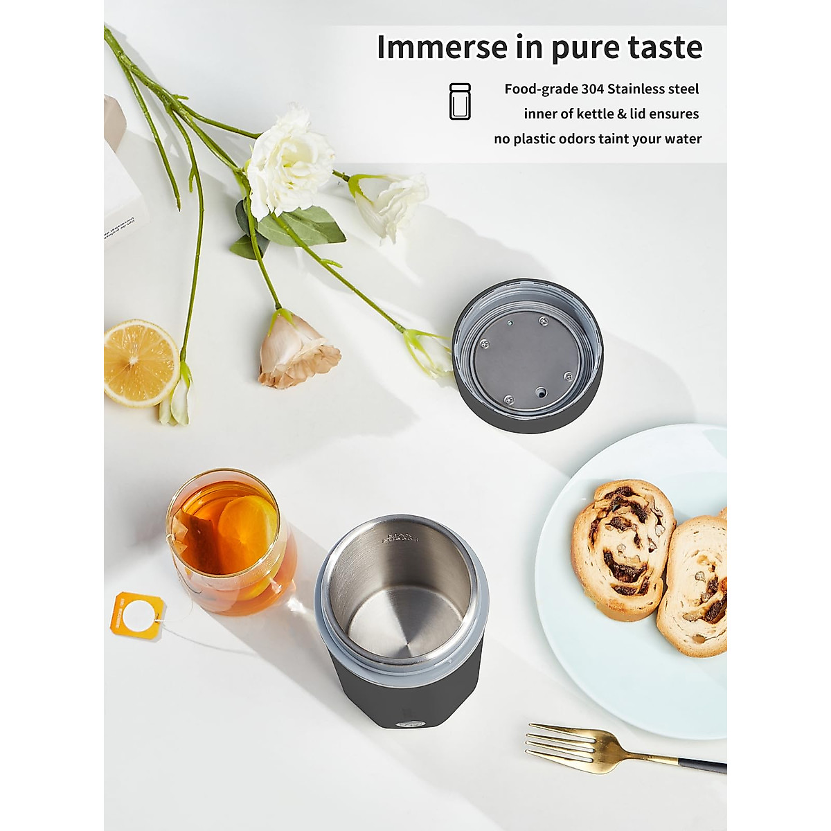 balbali 17oz Travel Kettle Portable Electric Kettle - Mini Hot Water Boiler/Maker/Heater/Warmer for Tea - Small Electric Thermos Heated Travel Mug - Portable Kettle for Travel - Black