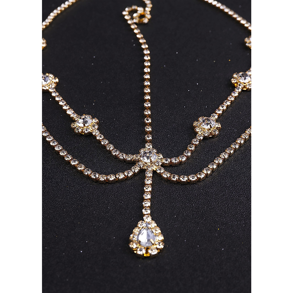 Wekicici Boho Rhinestones and Crystal Head Chain Wedding Bridal Forehead Chain Exotic Princess Hair Piece Chanderlier Crystal Hair Accessories for Special Occasion (Gold)