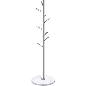 Homde Metal Coat Rack Stand with Natural Marble Base, Stainless Steel Freestanding Clothes Tree Hanger with 8 Hooks, Hall Hanger for Coat Jackets Hat Scarves Handbags Entryway Bedroom (Silver)