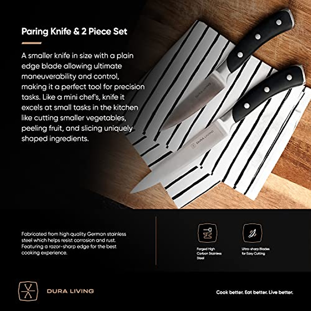 DURA LIVING 2-Piece Professional Kitchen Knife Set – Ultra Sharp, Precision Forged High Carbon German Stainless Steel, 5" Utility & 3.5" Paring Knives, Ergonomic Handle, Multipurpose, Black