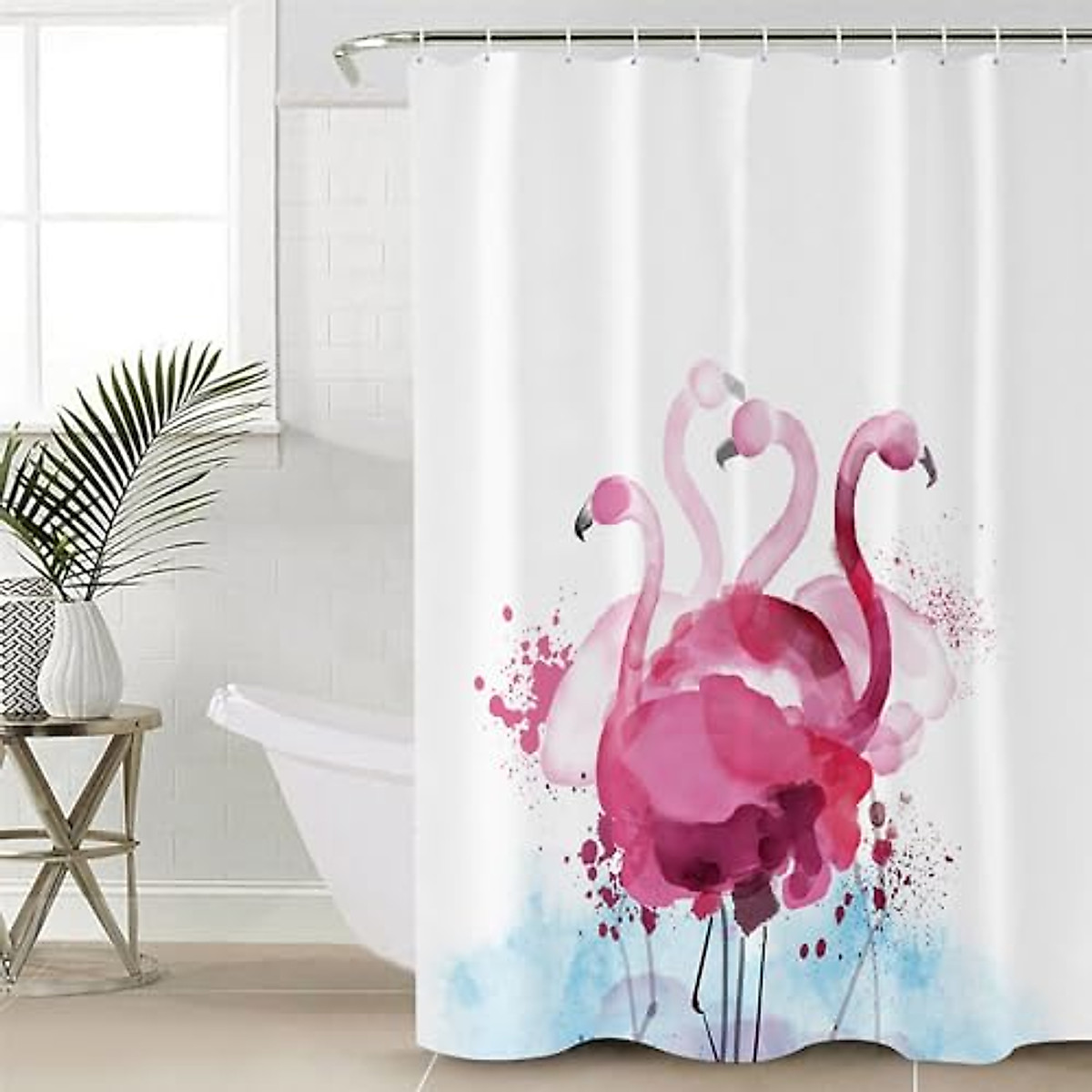 Pink Flamingo Waterproof Shower Curtains Set - Extra Long 72 x 84 Inch, Watercolor Pink Blue Animals Polyester Fabric Bathroom Curtain with 12 Hooks, Bathroom Accessories, 1 Panel