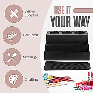 Hair Tool Organizer, Blow Dryer Holder, Flat Iron Storage, 12”x10.5”, Black, 3 Tier, Hot Tools Station, Styling Product Caddy, Organizers for Bathroom, Countertop, Vanity w/Silicone Mat | Houseables