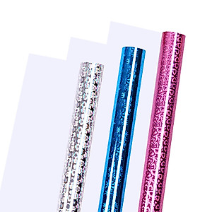 LeZakaa Holographic Foil Wrapping Paper - Mini Roll - Pink Heart/Blue and Silver Flower Design for Birthday, Wedding, Bridal Shower - 17 x 120 inches - 3 Rolls (42.5 sq.ft.ttl.)