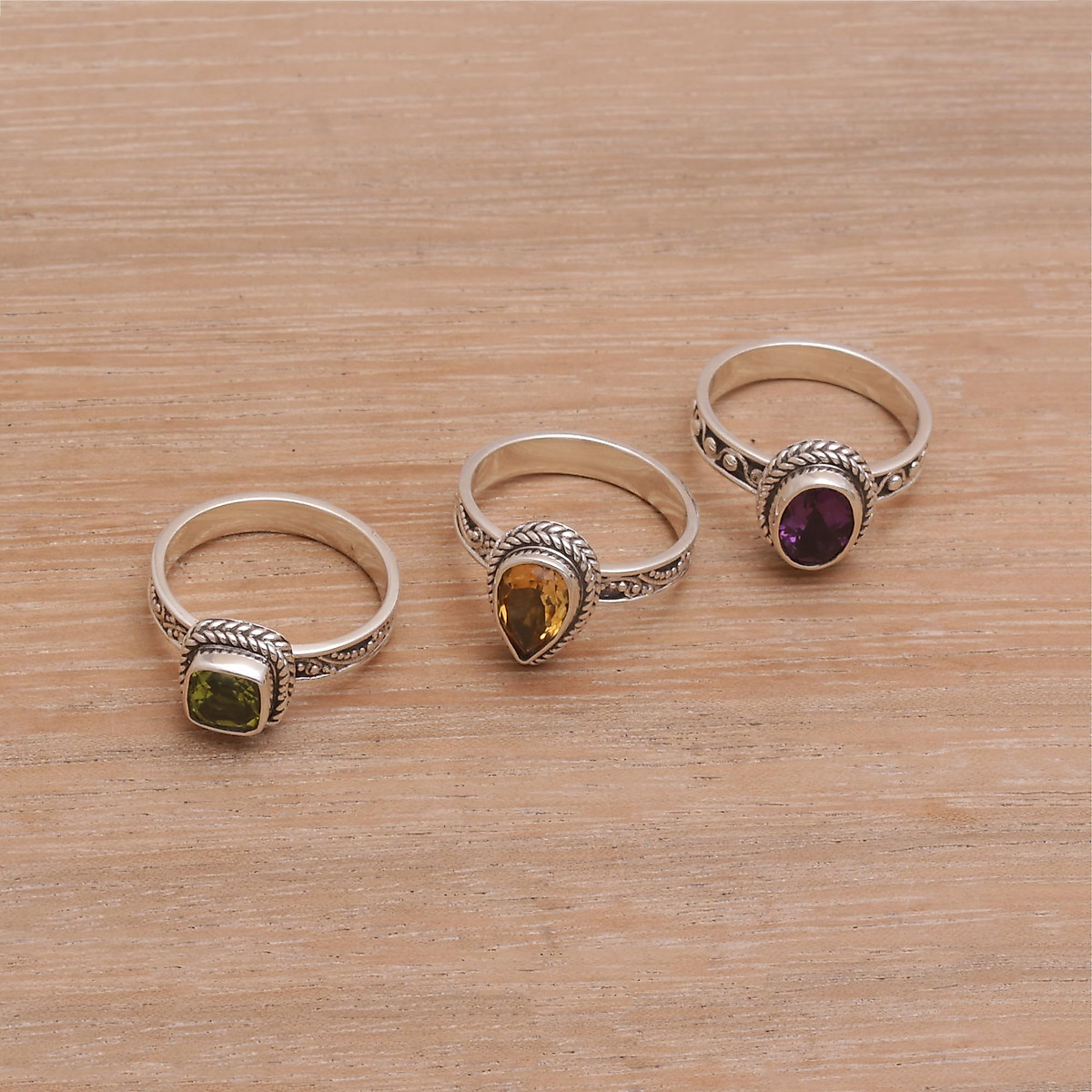 NOVICA Artisan Handmade .925 Sterling Silver Multigemstone Stacking Rings Amethyst Citrine Peridot Cocktail Indonesia Birthstone 'Perfect Prism' (set of 3)