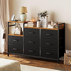 Casaottima Dresser for Bedroom with Charging Station, 52" Long Dresser with 8 Storage Drawers, Large Fabric Dressers Chests of Drawers with Shelves, Black and Vintage