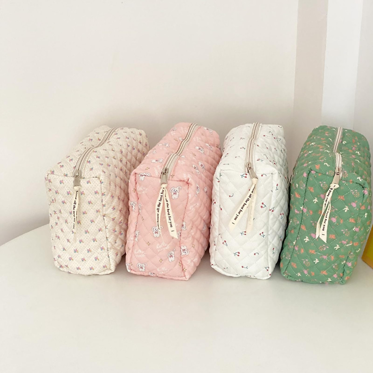 BILIPOPX 2 Pack Kawaii Cute Makeup Bag Aesthetic Travel Quilted Cotton Cosmetic Bag Organizer Toiletry Pouch for Women Teen Girls (Beige Floral)