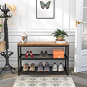 Homfio Shoe Rack, 3 Tier Shoe Rack Bench, Industrial Shoe Storage Organizer, Entry Bench, 3-Tier Metal Shoe Rack Shelves with MDF Top Board, Entryway Table for Hallway, Living Room, Closet, Bedroom