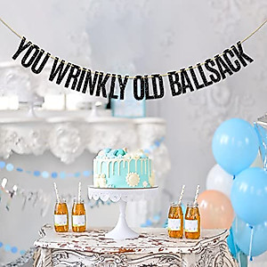 Deloklte Black Glitter You Wrinkly Old Ball Sack Banner, Funny Birthday / Retirement Party Decoration Bunting Banner for Men Women, Happy 50th 60th 70th 80th 90th 100th Birthday Party Favors Decor Photo Props