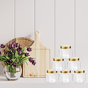 Dandat 50 Pcs 3 oz Hexagon Plastic Jars with Lids Mini Honey Jars Wide Mouth Canning Jars Small Spice Jars for Party Wedding Favors, Baby Shower, DIY Gift, Jelly, Herb, Jams, Candy (Gold)