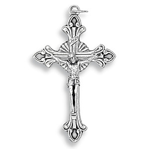 Bulk Pack of 5 - Large Flared Sunburst Fleur-De-Lis Crucifix Rosary Part - 2 1/8" Italian Silver Oxidized Finish Cross for Rosary Making Rosary Making Supplies, Made in Italy