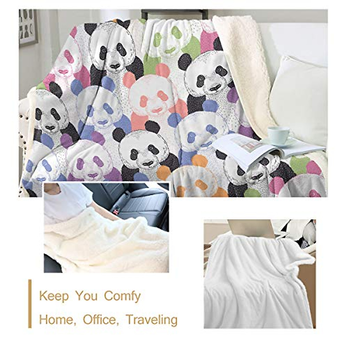 Sleepwish Kids Panda Fleece Throw Blanket Child Soft Gray Soft Warm Sherpa Blanket Colorful Pop Art Panda Bear Blanket for Adults Women Cozy Fluffy Warm and Fuzzy Blankets and Throws (50"x60")