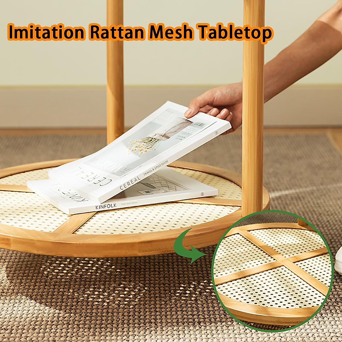 CUPKEE Bamboo Round Side Table, Glass End Tables, Double Layer Large Capacity Coffee Table with Storage for Living Room, Balcony, Bedroom